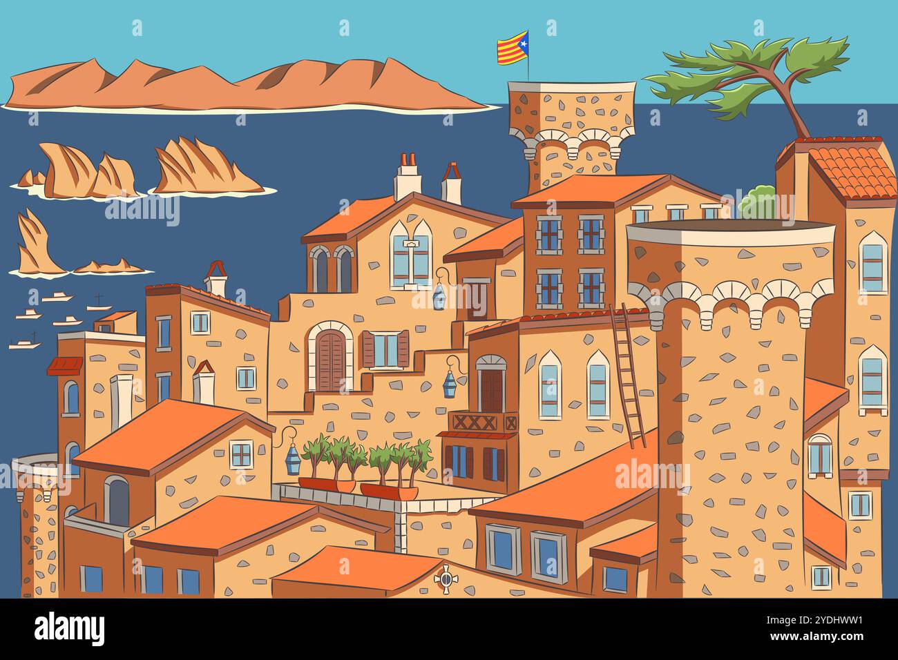 Color illustration of the old fortress in Tossa de Mar, Spain Stock ...