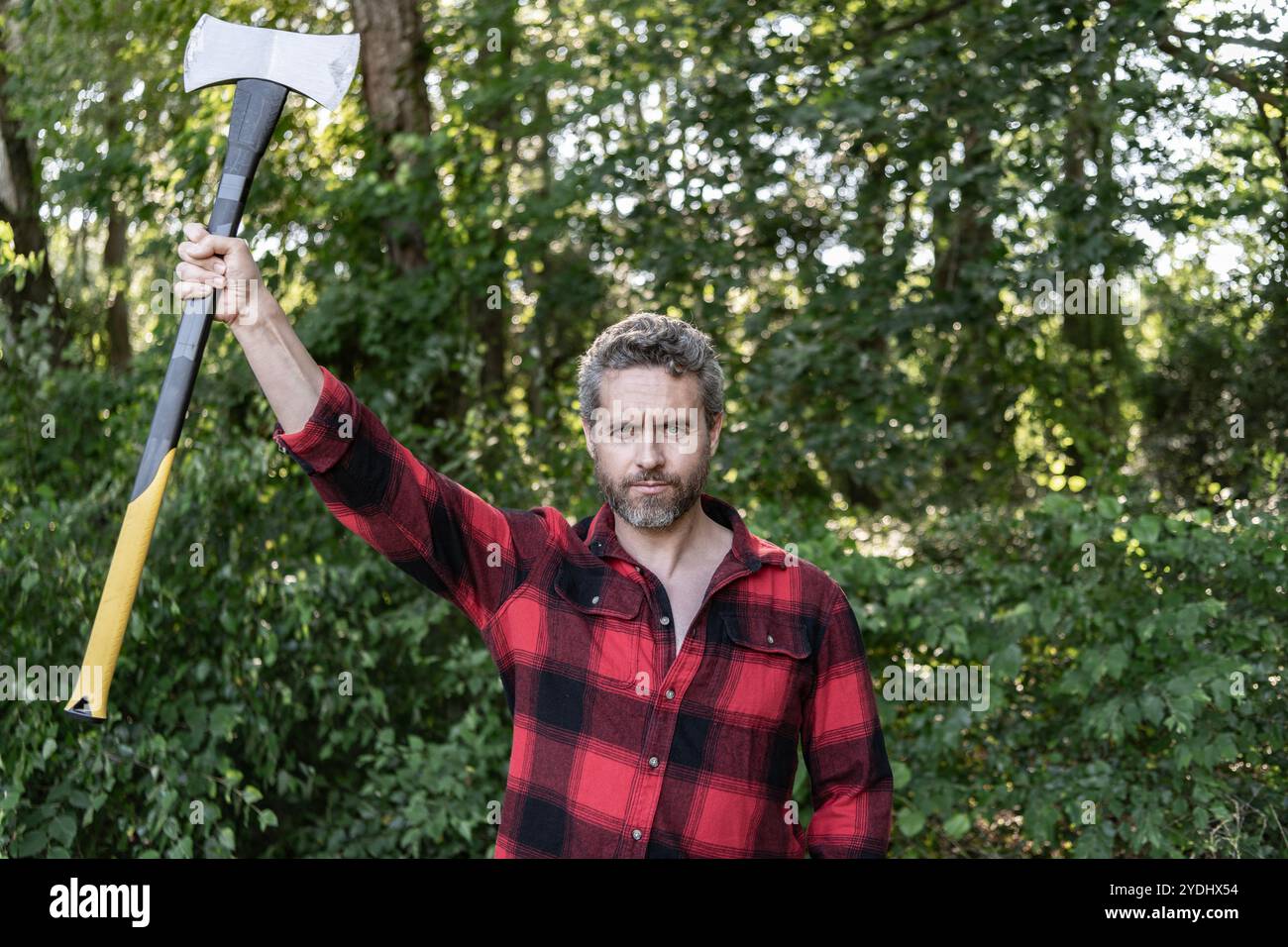 Hispanic lumberjack man with axe. Lumberjack axe. Portrait of mature ...