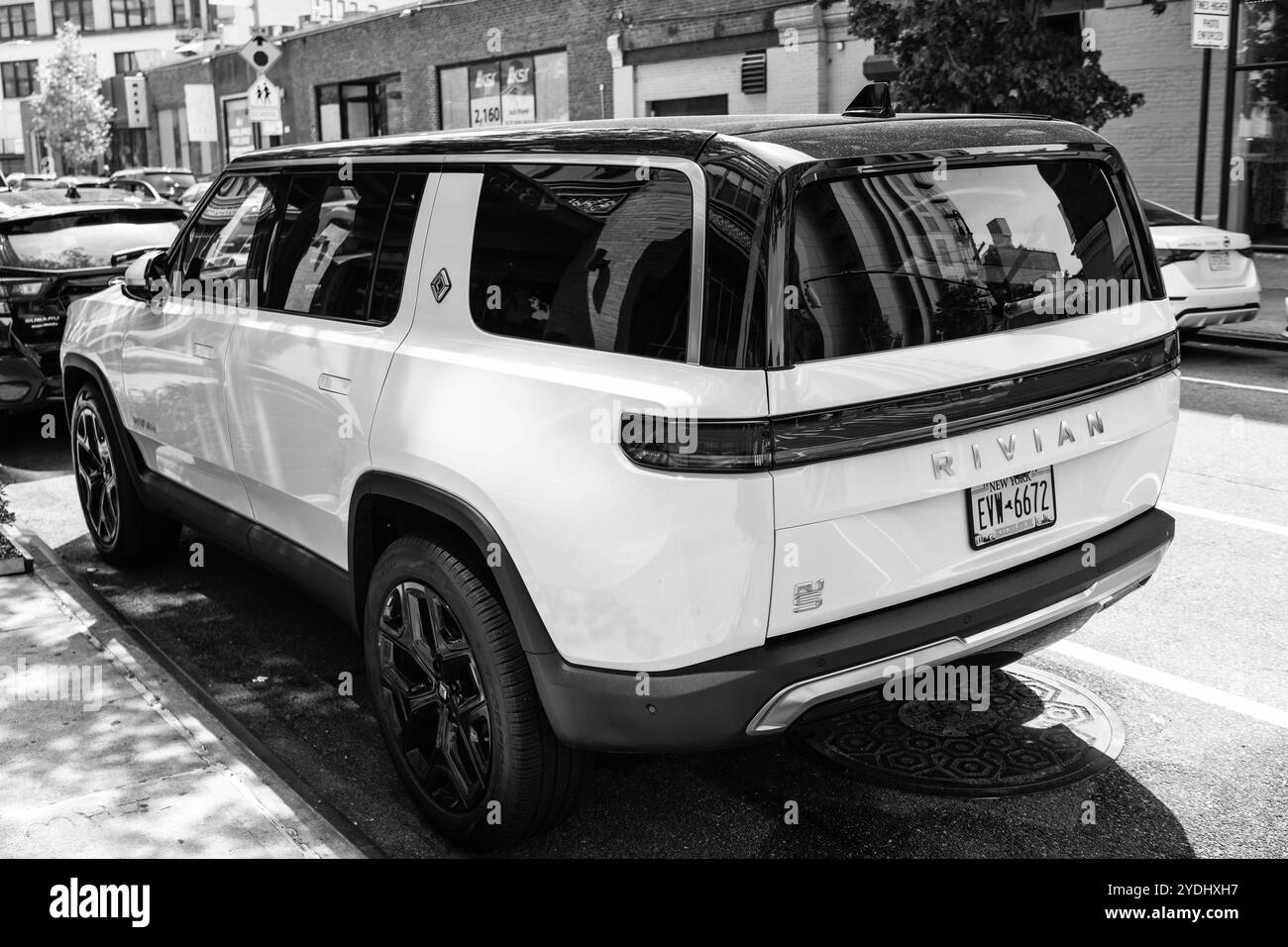 New York City, USA - August 06, 2023: Rivian R1S SUV white electric car ...