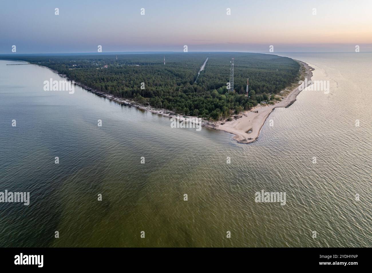 Aerial view of sunset above Cape Kolka and its surroundings in Latvia ...