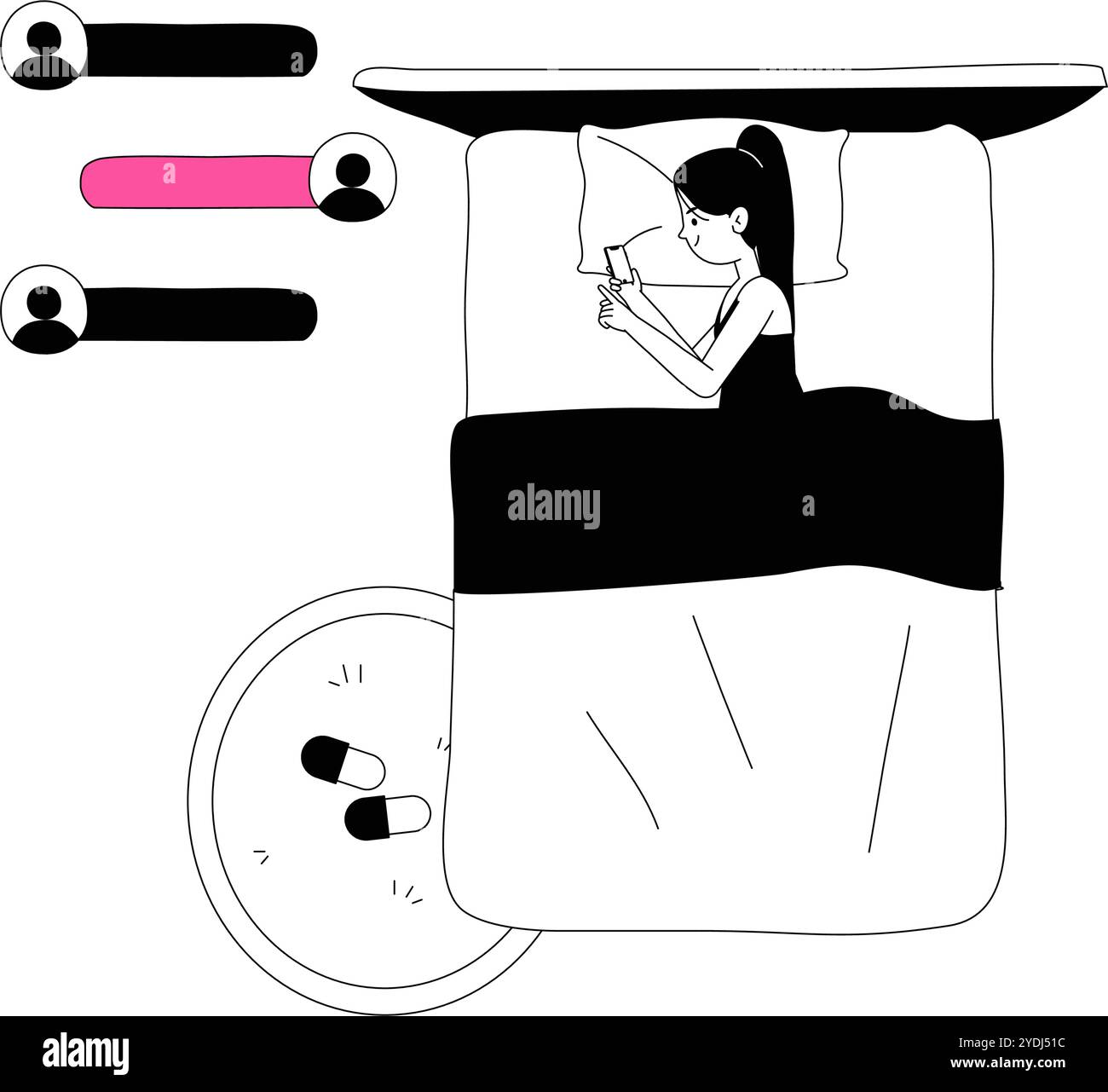 Woman Reading In Bed With Social Media Notifications In Flat Vector ...