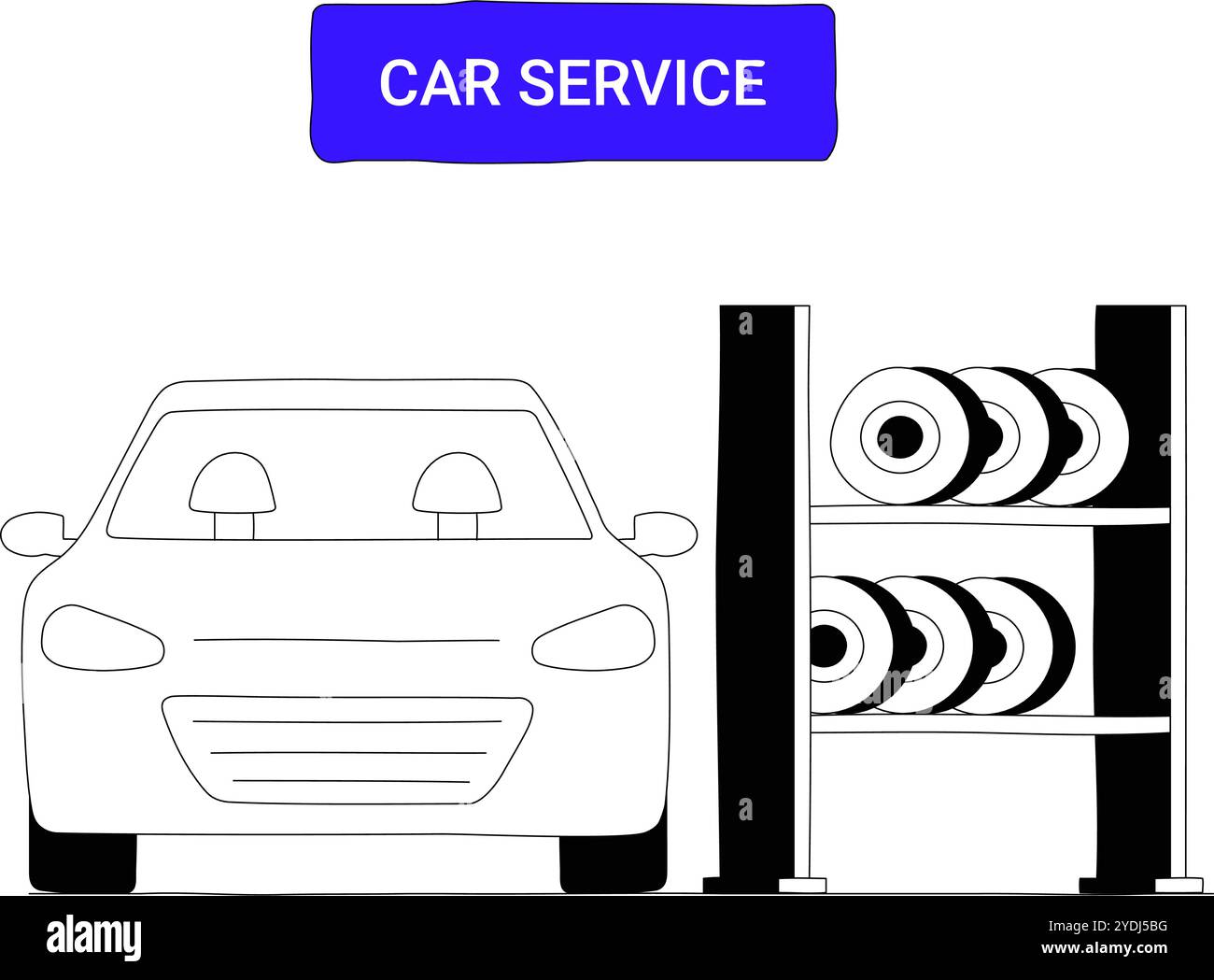 Car In Service Station With Spare Tires In Flat Vector Illustration ...