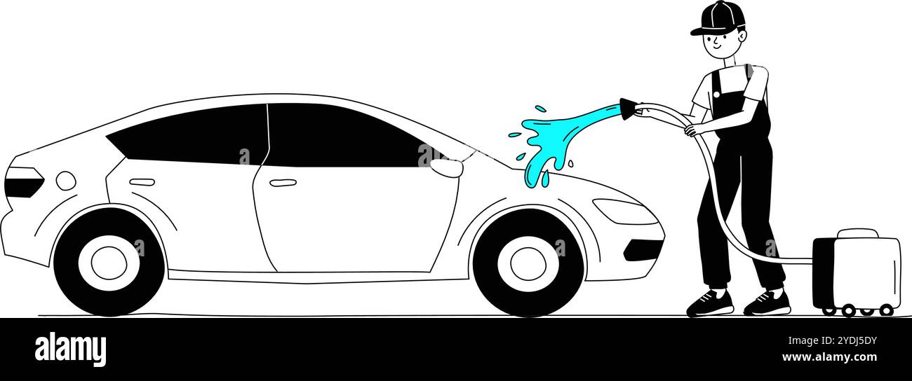 Car Being Washed By Male Worker In Flat Vector Illustration Symbolizing ...