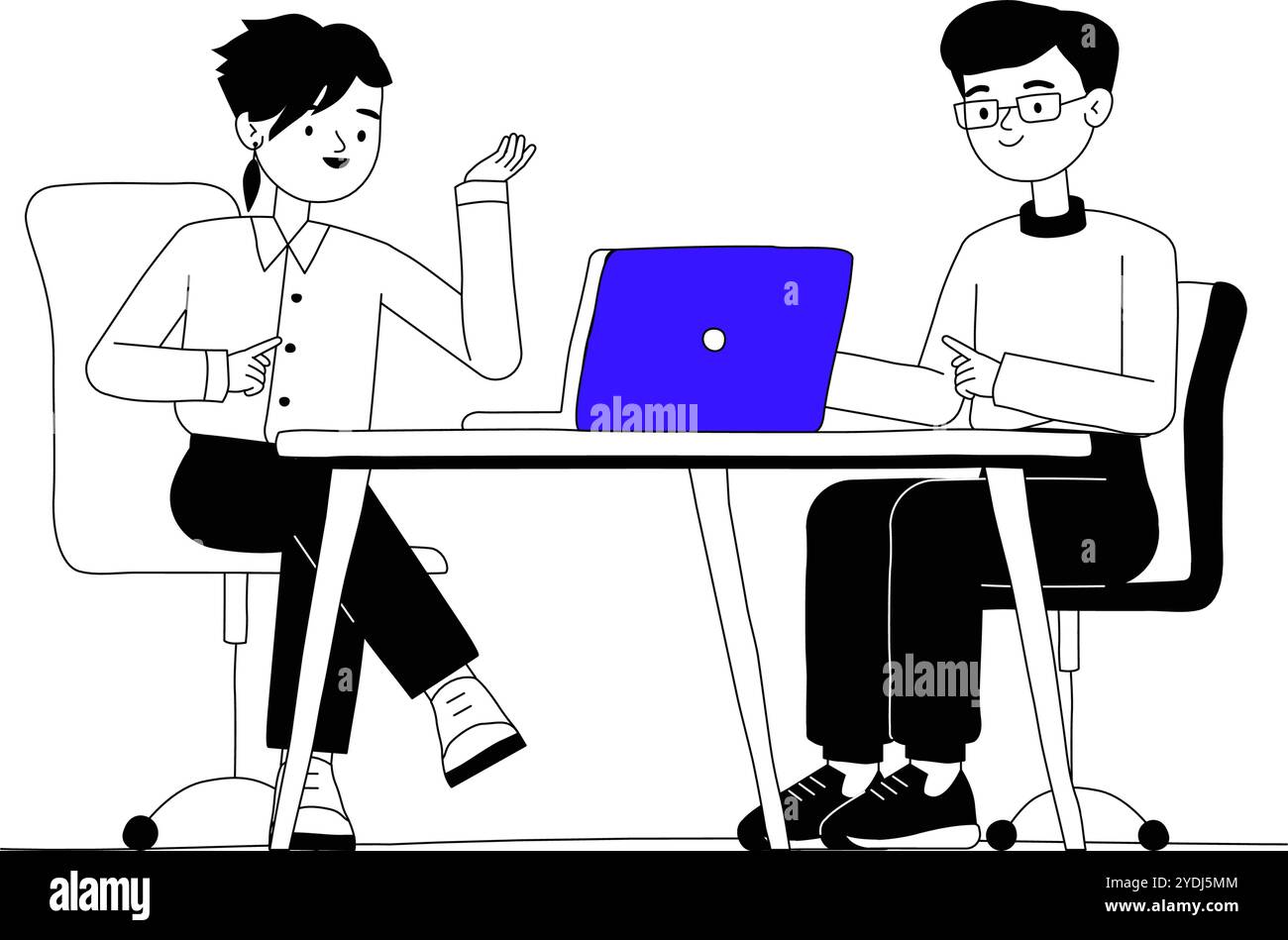 Two Colleagues Discussing Work At The Office Table With A Laptop In Flat Vector Illustration ...