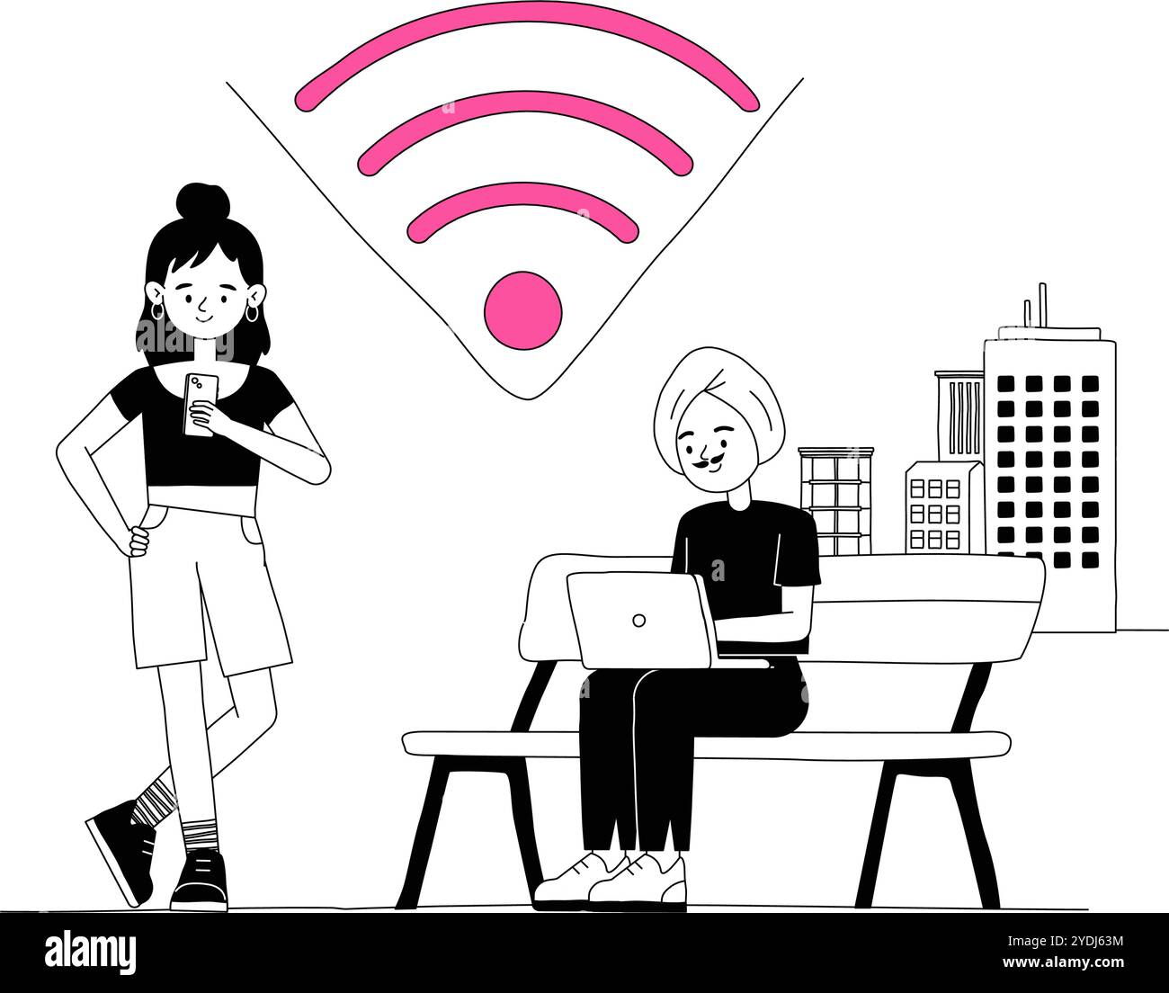 Two Women Enjoying Internet Access In Urban Setting In Flat Vector ...