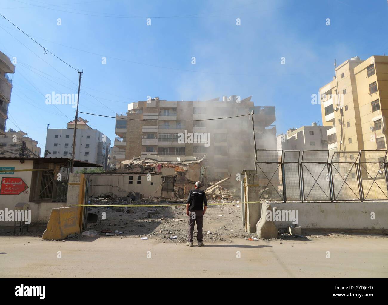 A building destroyed overnight by an Israeli strike in Haret Hreik ...