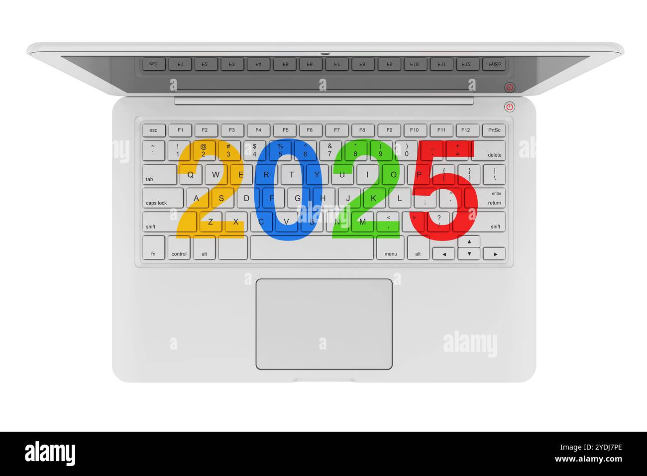 White Laptop with 2025 New Year Sign on a white background. 3d ...