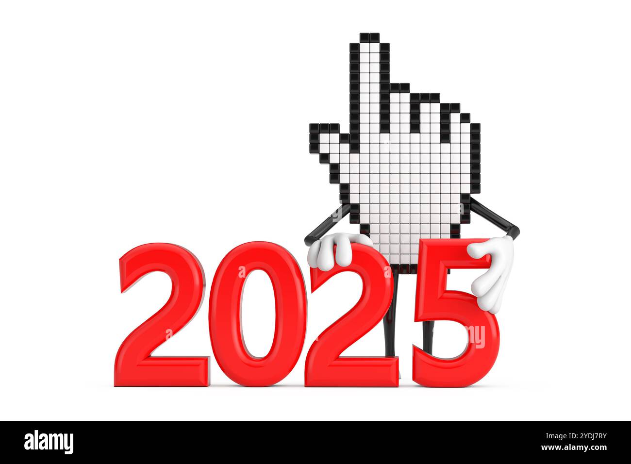 Pixel Hand Cursor Mascot Person Character with 2025 New Year Sign on a ...