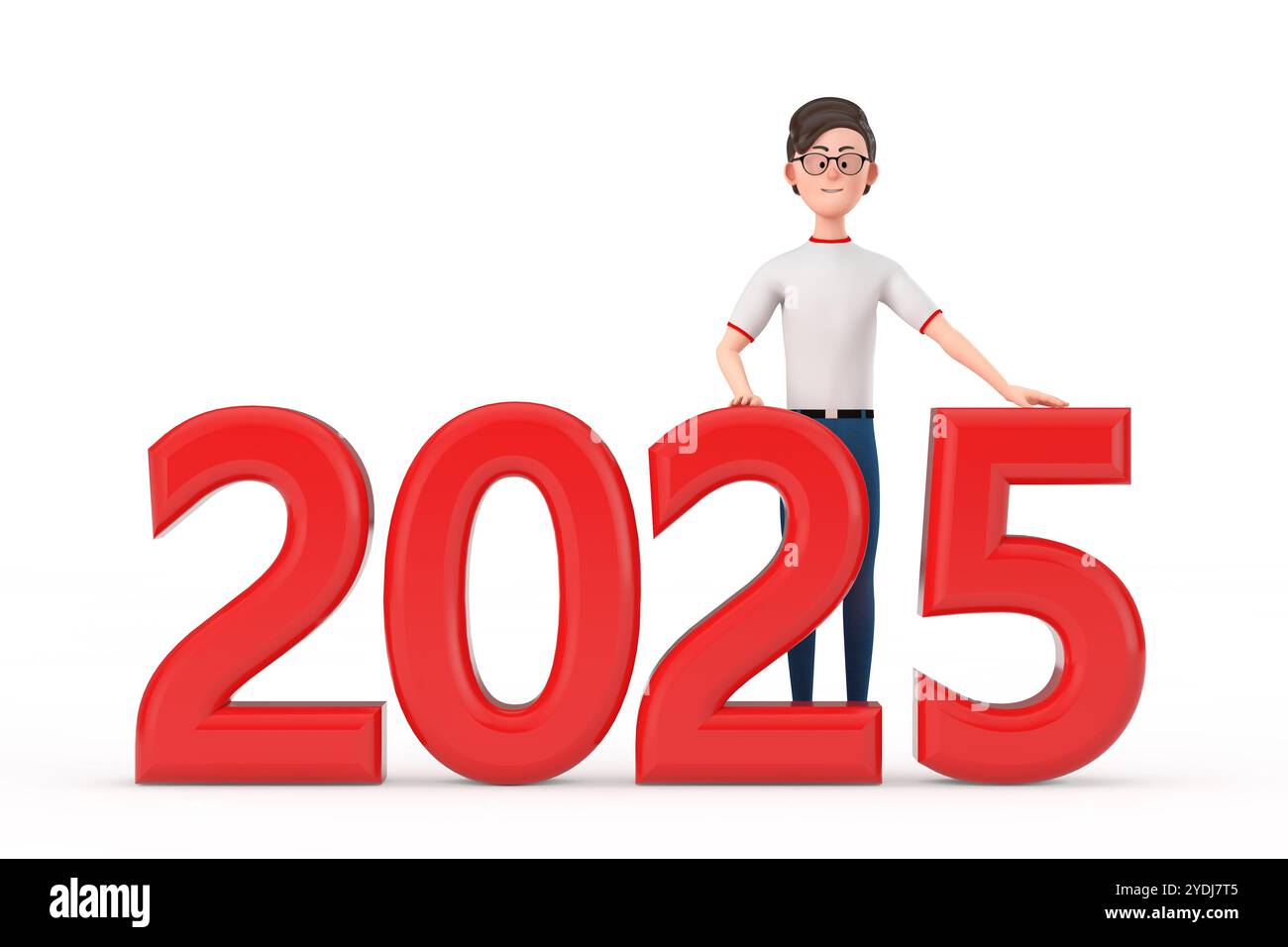Cartoon Character Person Man with Red 2025 New Year Sign on a white ...
