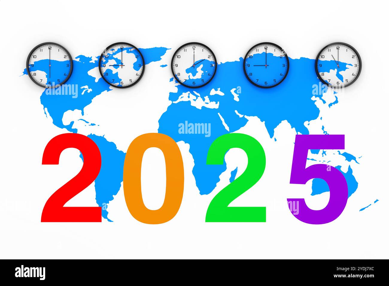 Set of Clocks with Different World Time, Blue World Map and New 2025 ...