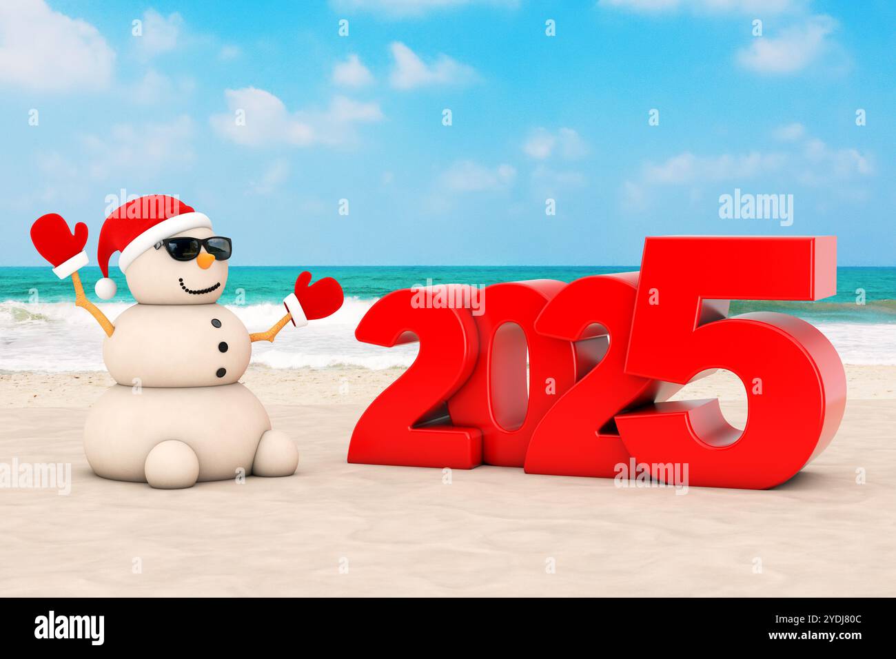 Sandy Christmas Snowman at Sunny Beach with 2025 New Year Sign extreme ...