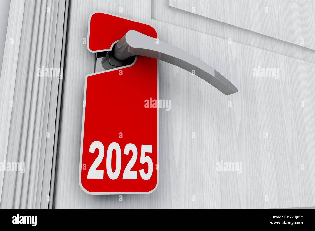 Door with 2025 New Year Sign over Do Not Disturb Tag extreme closeup ...