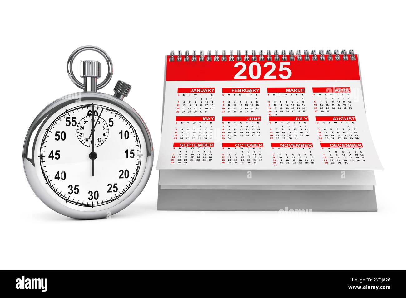 2025 year calendar with stopwatch on a white background. 3d Rendering ...