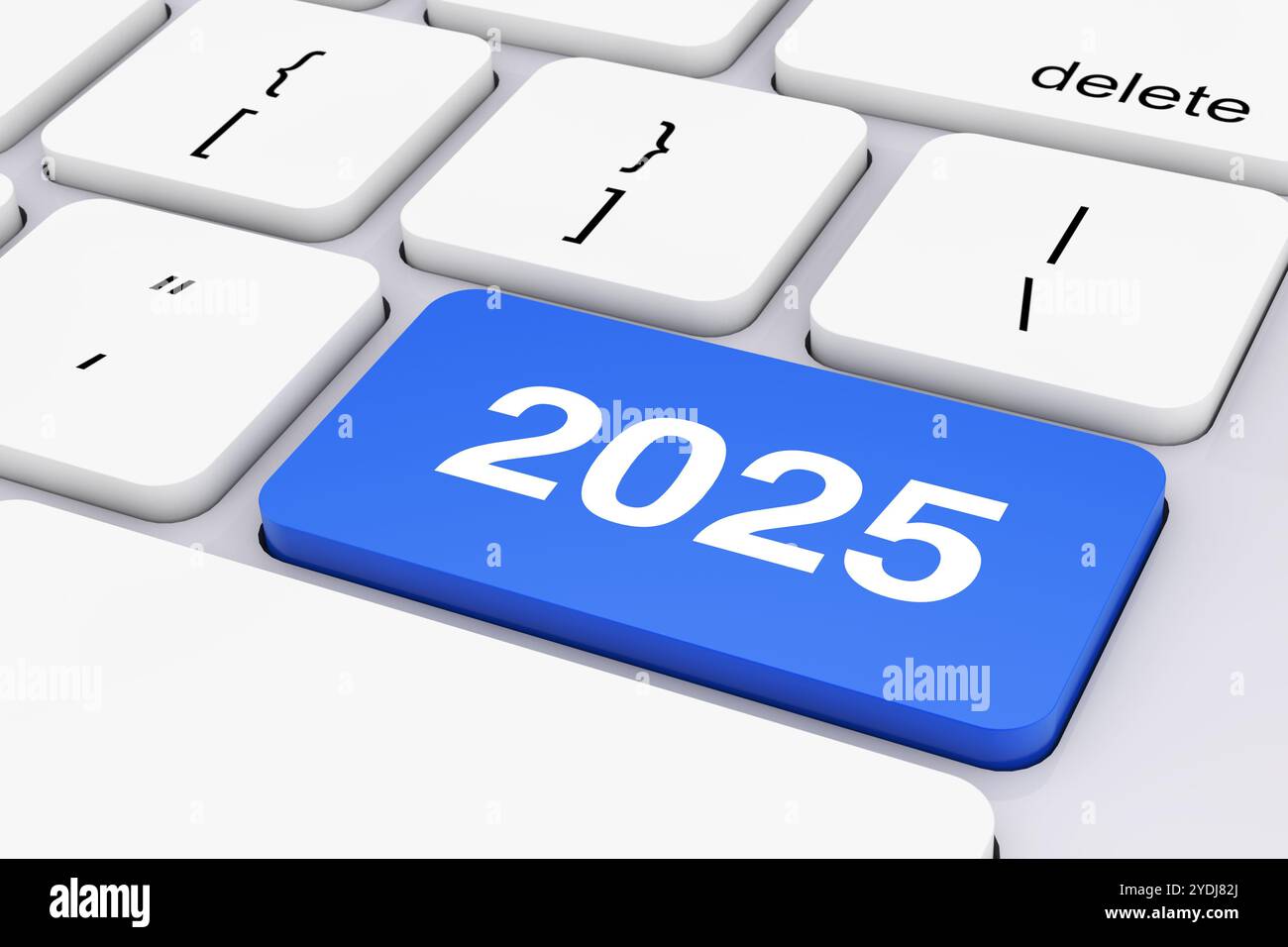 Blue 2025 New Year Key on White PC Keyboard extreme closeup. 3d ...