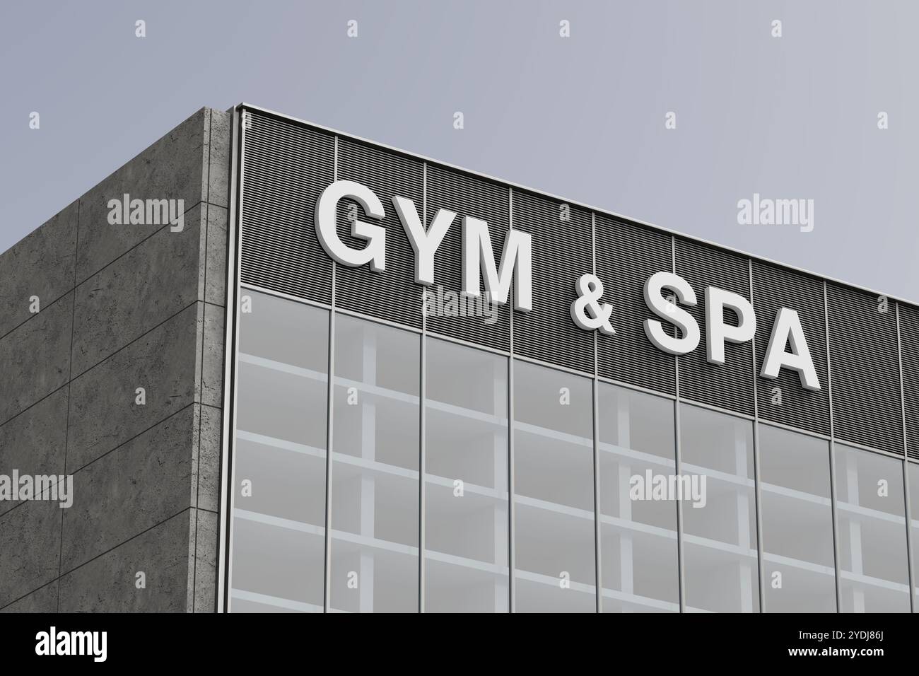Modern Gym Building with a Large GYM & SPA Sign on a sky background. 3d ...