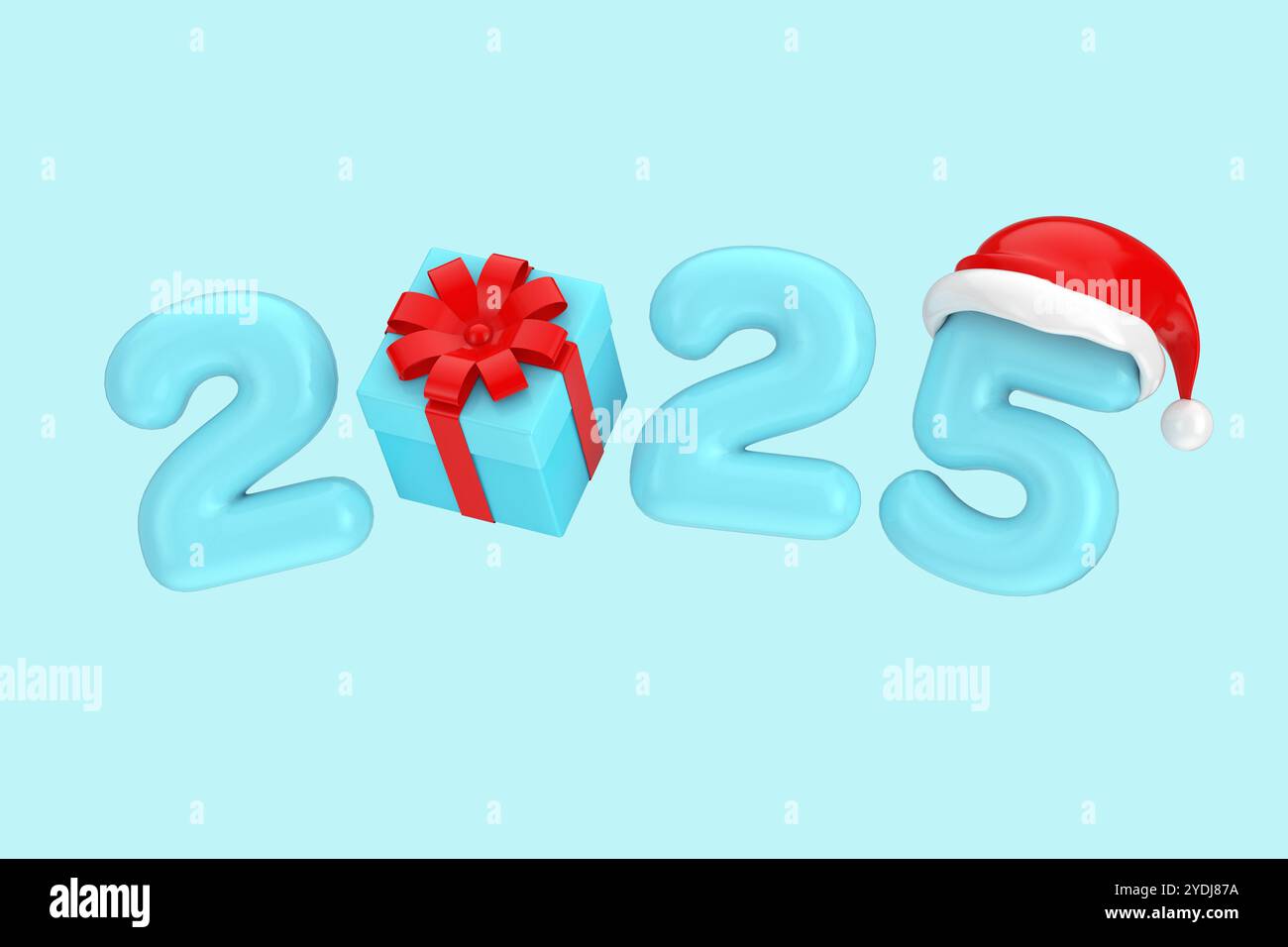 Blue Bubble 2025 New Year Sign with Gift Box and Santa Hat on a blue ...