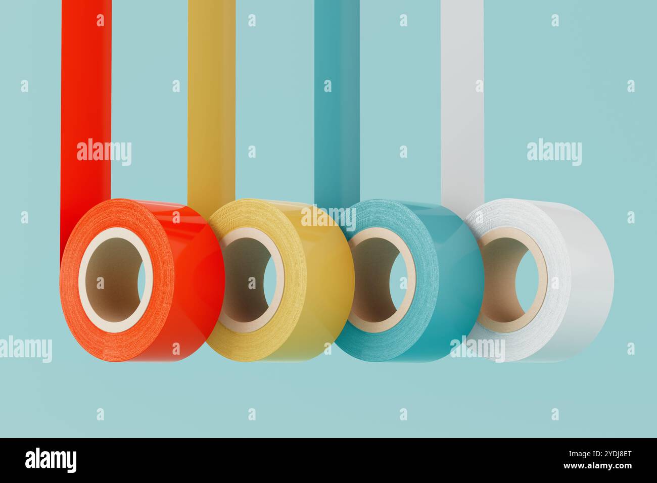 Partially Unrolled Four Rolls of Tape, Red, Yellow, Blue and White, are ...