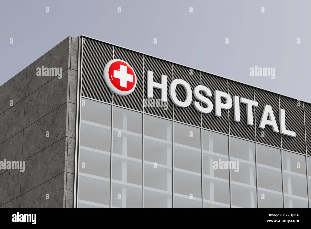 Modern Hospital Building with a Large HOSPITAL Sign on a sky background ...
