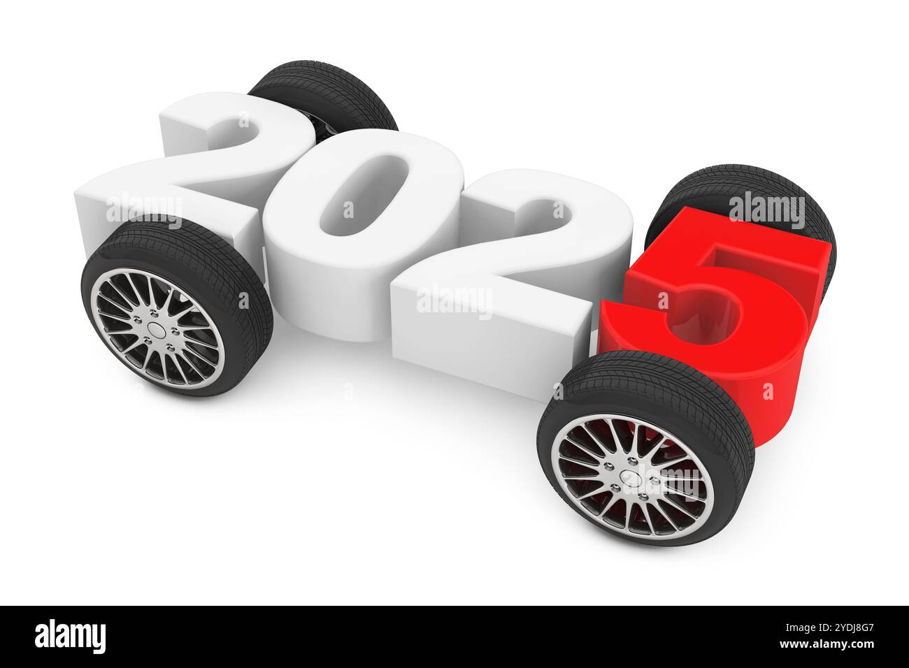 2025 Year Concept with Car Wheels on a white background. 3d Rendering ...
