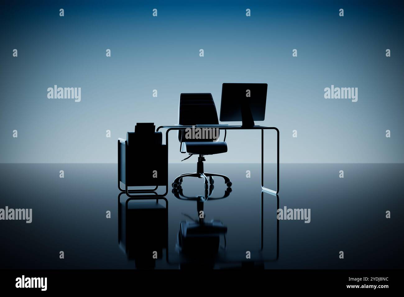 Empty Office Desk with a Chair and Monitor in Backlight, in Front of a ...