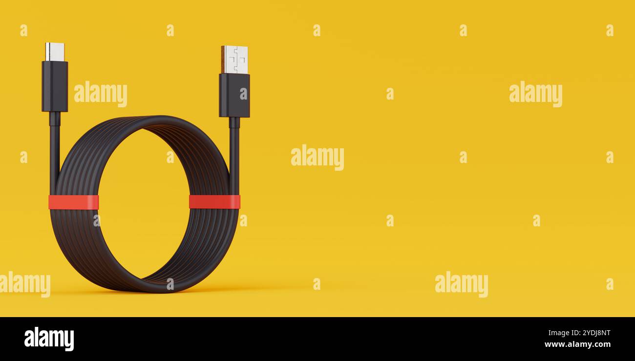 Connectivity and Charging Solutions Concept. Black USB Cable Neatly ...