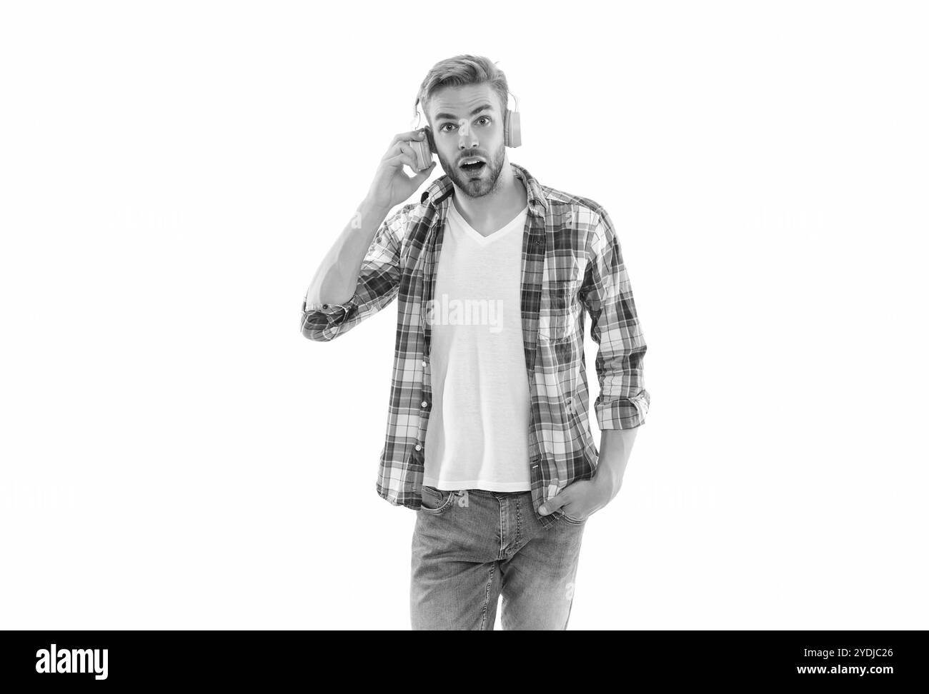 shocked man in music headphones at studio. photo of man in music ...