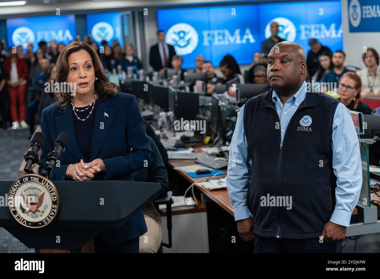 Vice President Kamala Harris delivers a statement to press at FEMA ...