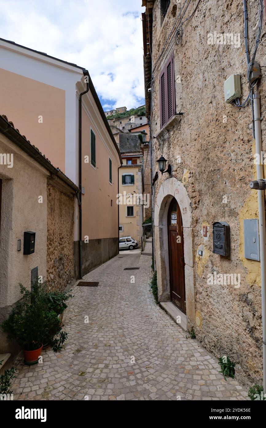 A street between the old houses of Alvito in Lazio, Italy Stock Photo ...