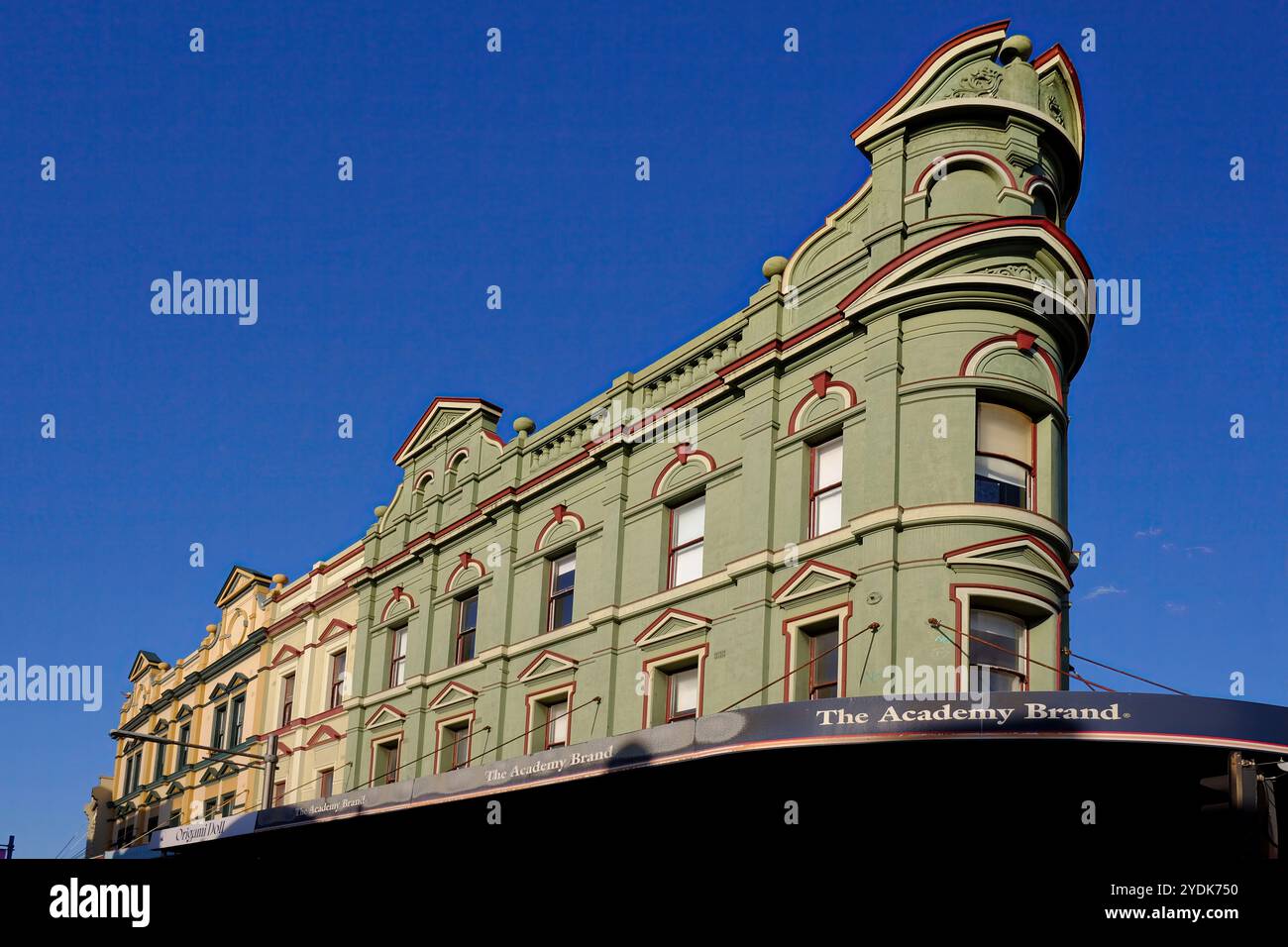 Newtown, Sydney, upper story detail of the iconic triangular building ...