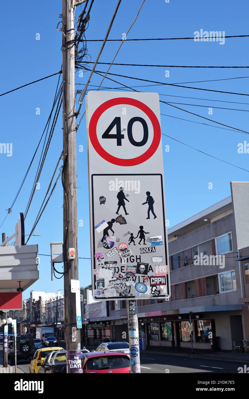 Local traffic pedestrian precinct speed limit 40 sign, covered with ...