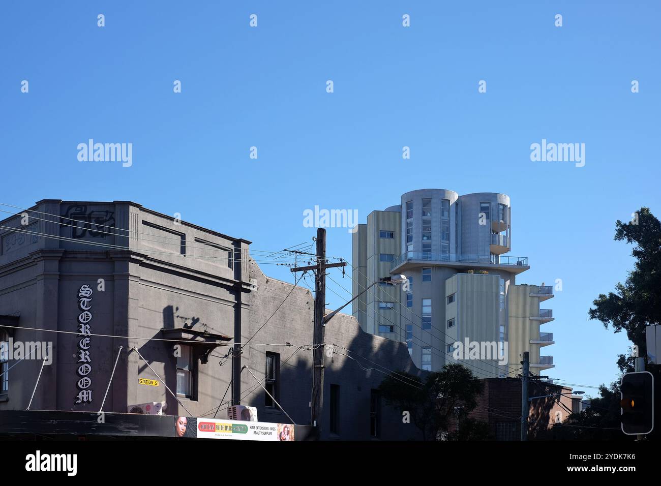 The silos, buildings and streetscape along Enmore Road, in inner city ...