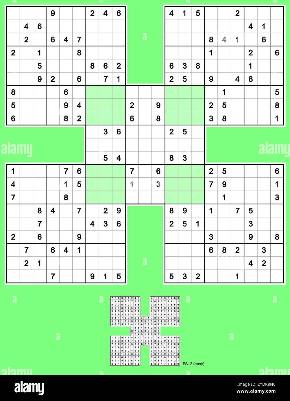 Samurai Sudoku, five overlapping sudoku puzzles. Full symmetry, 136 ...