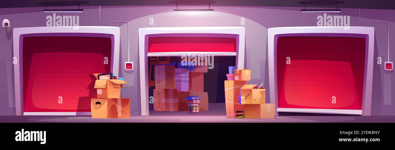 Warehouse interior with house stuff boxes. Vector cartoon illustration ...