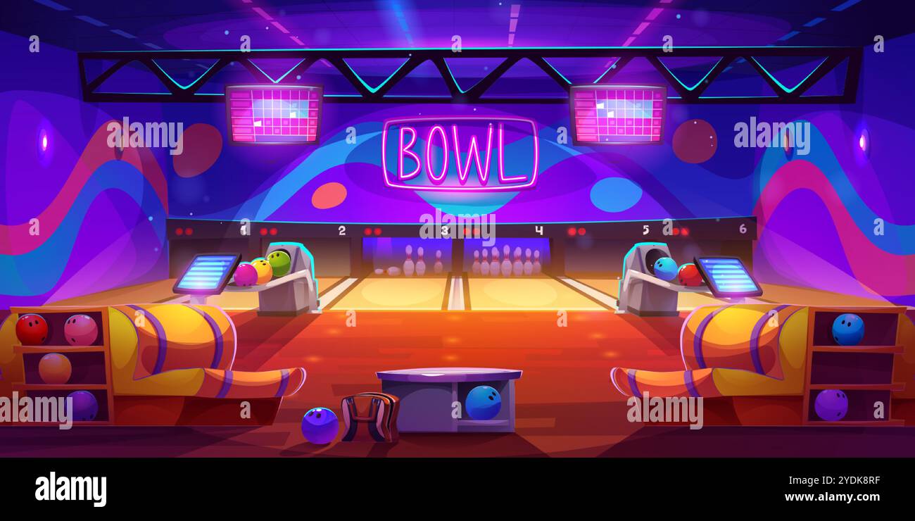 Bowling game alley. Empty play club with lane for ball. Indoor leisure ...