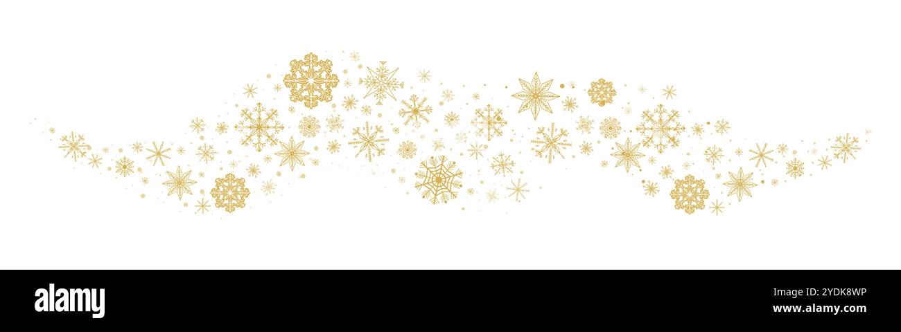 Gold snowflake wave border, winter holiday garland, falling golden snow ...