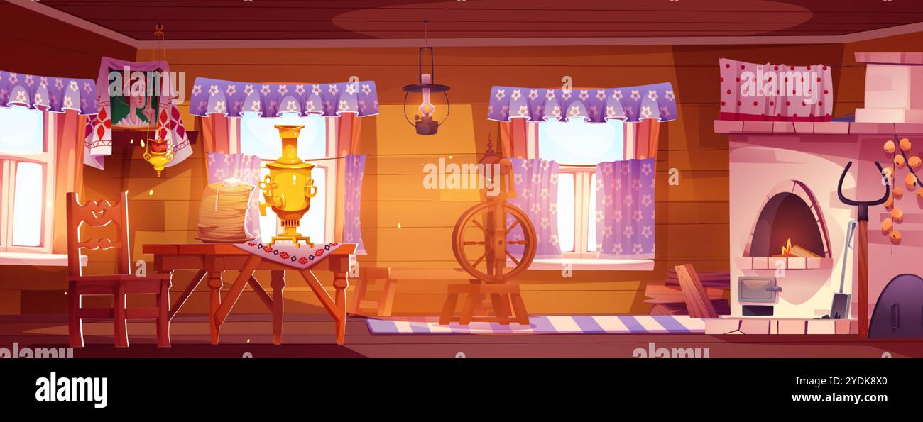 Wooden table in old russian farm kitchen interior vector illustration ...