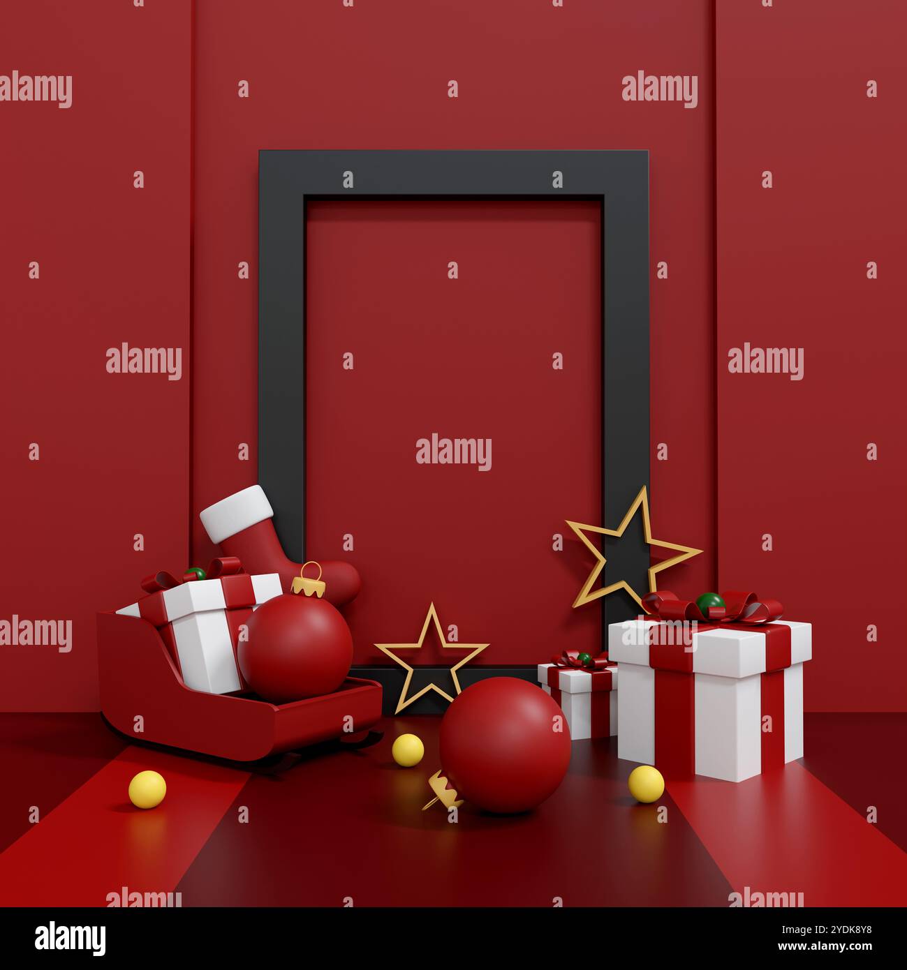 minimalist Christmas design with red background, gift boxes, festive ...