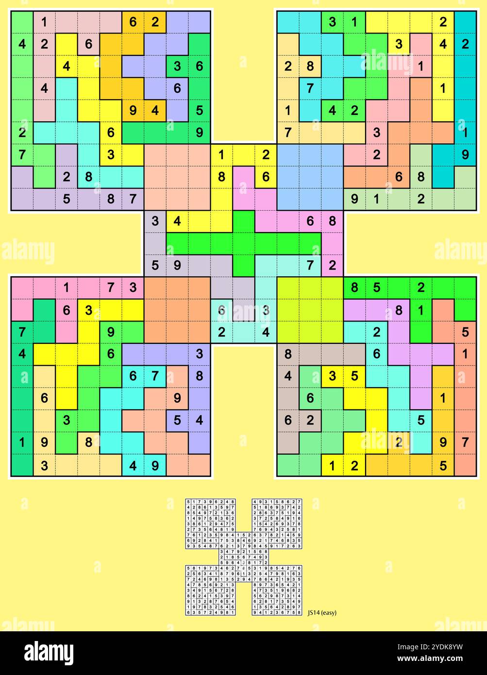 Jigsaw Samurai Sudoku. Full symmetry, 112 clues. Easy. MK II. Vector ...