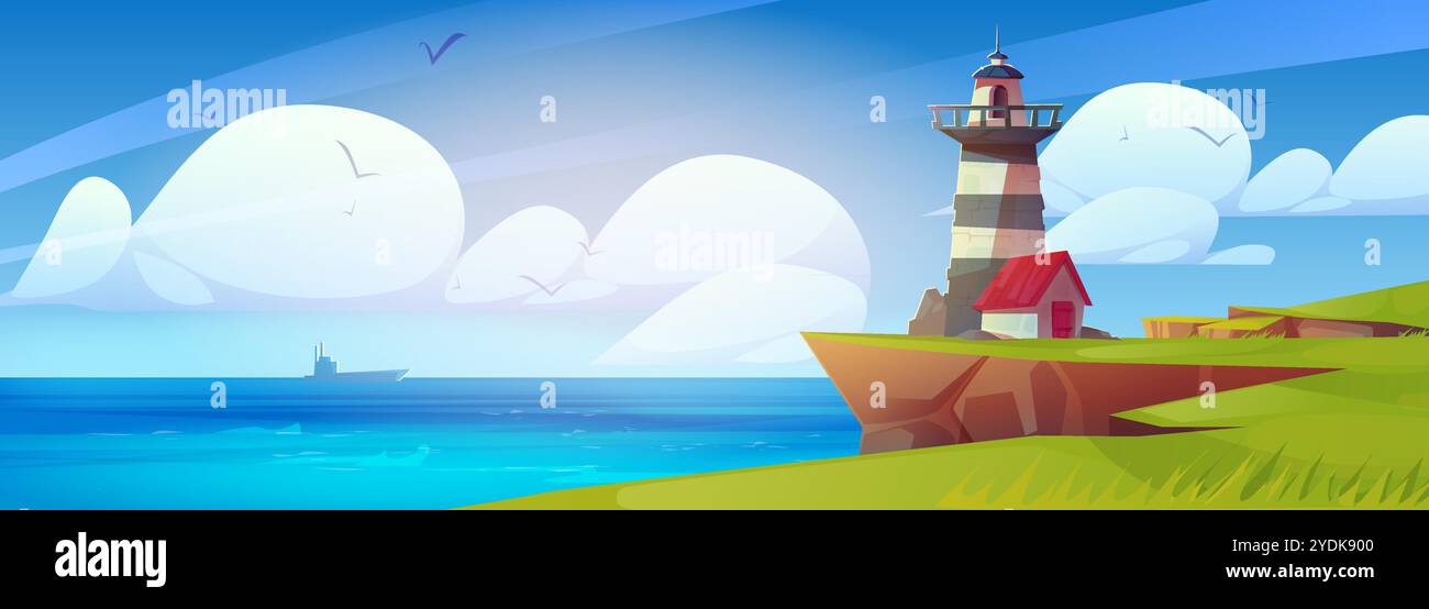 Seascape scenery with lighthouse. Vector cartoon illustration of beacon ...