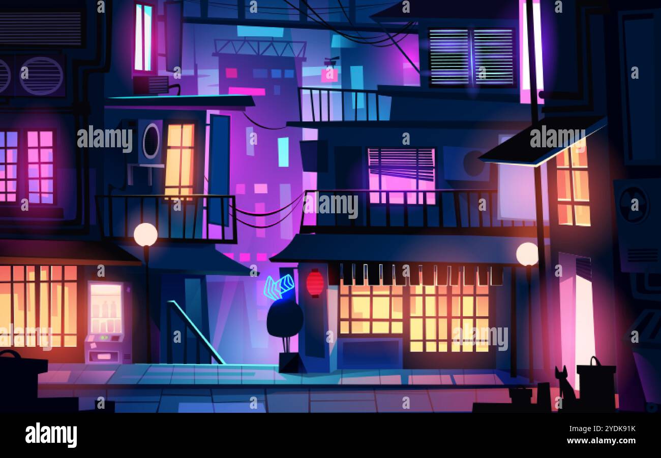 Night city street with road and building scene front view background ...