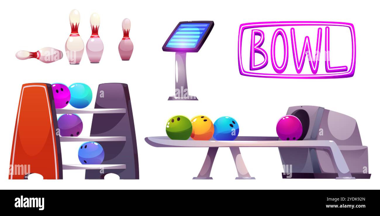 Bowling club equipment set isolated on white background. Vector cartoon ...
