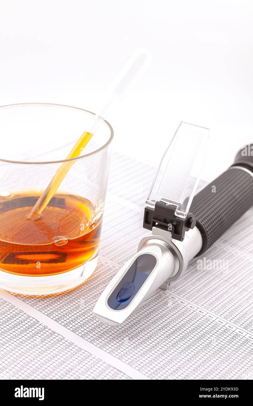 Optical refractometer for measuring alcohol content with a table of ...