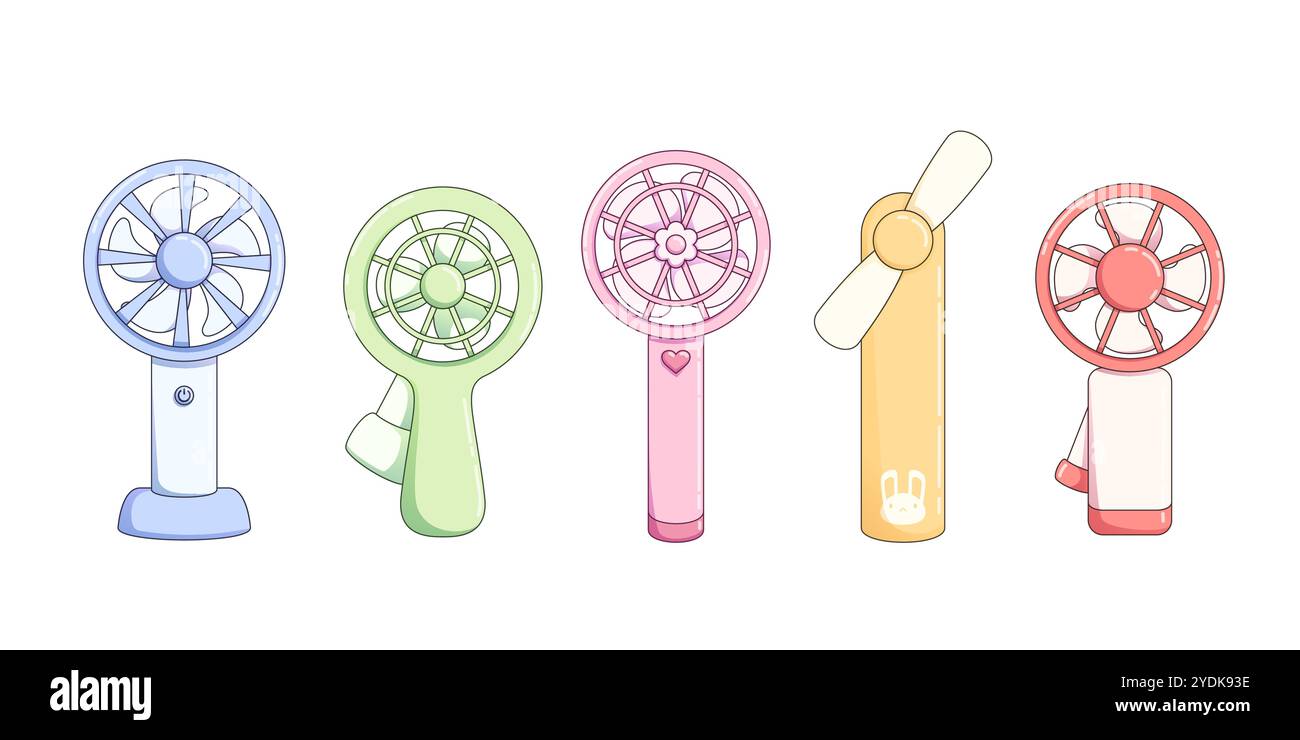Cute portable electric fan. Cartoon vector illustration set of handheld ...
