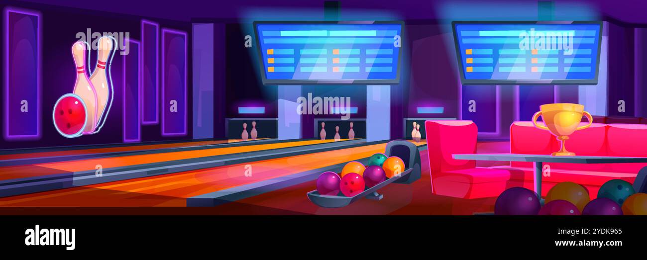 Bowling club interior. Vector cartoon illustration of sports center ...