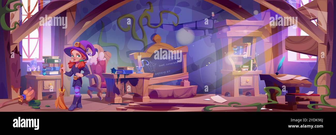 Cartoon upset and frustrated little girl witch in hat with broomstick ...