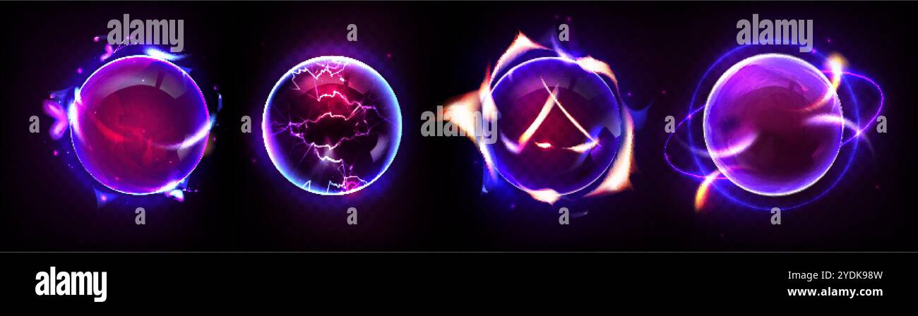 Blue and purple magic glowing balls with light effect. Realistic 3d ...