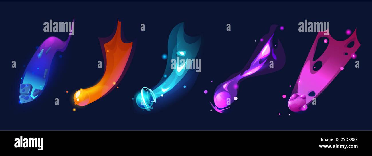 Fantasy asteroid with colorful fire and dust path. Cartoon vector ...