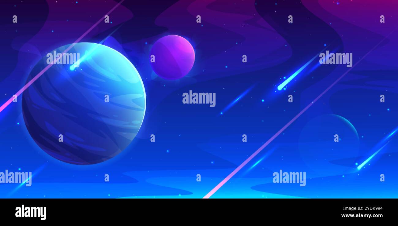 Blue outer space background with alien planets and falling asteroid ...