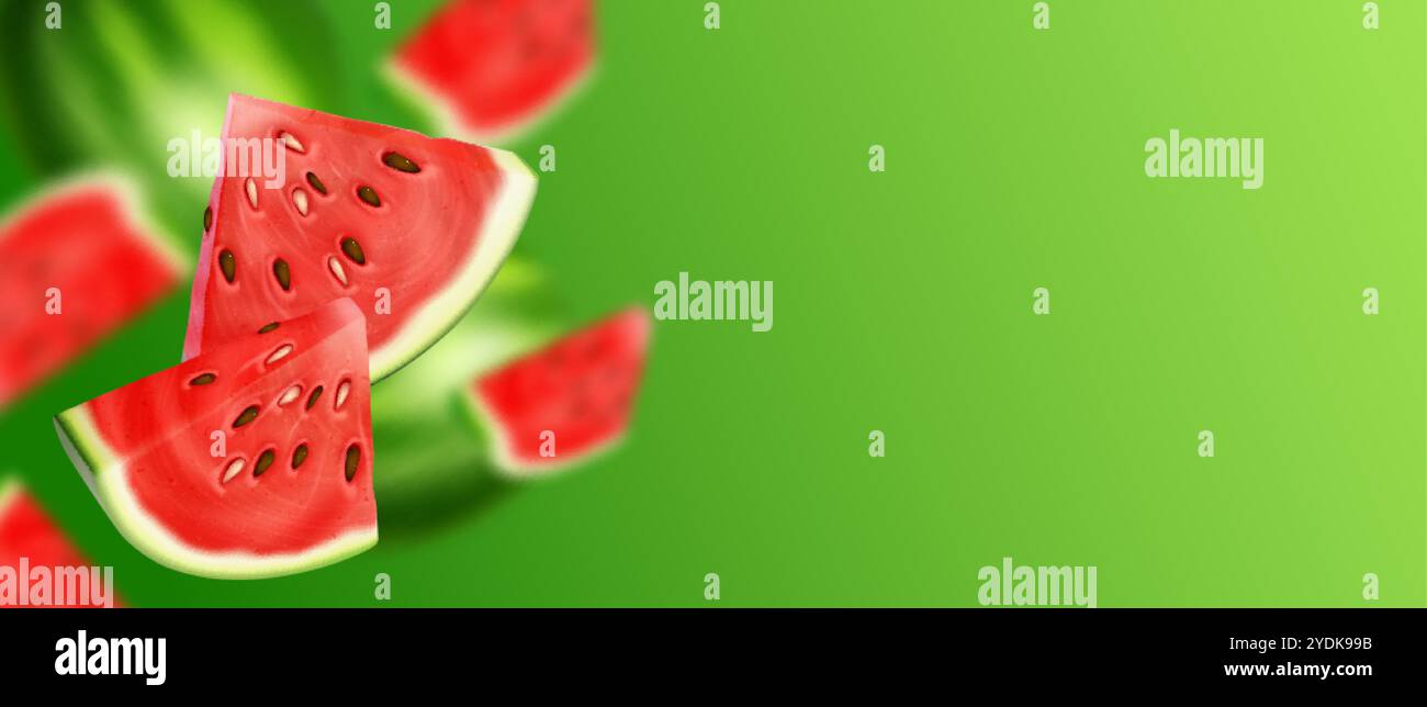 Watermelon triangle slice with seeds flying and falling on green ...