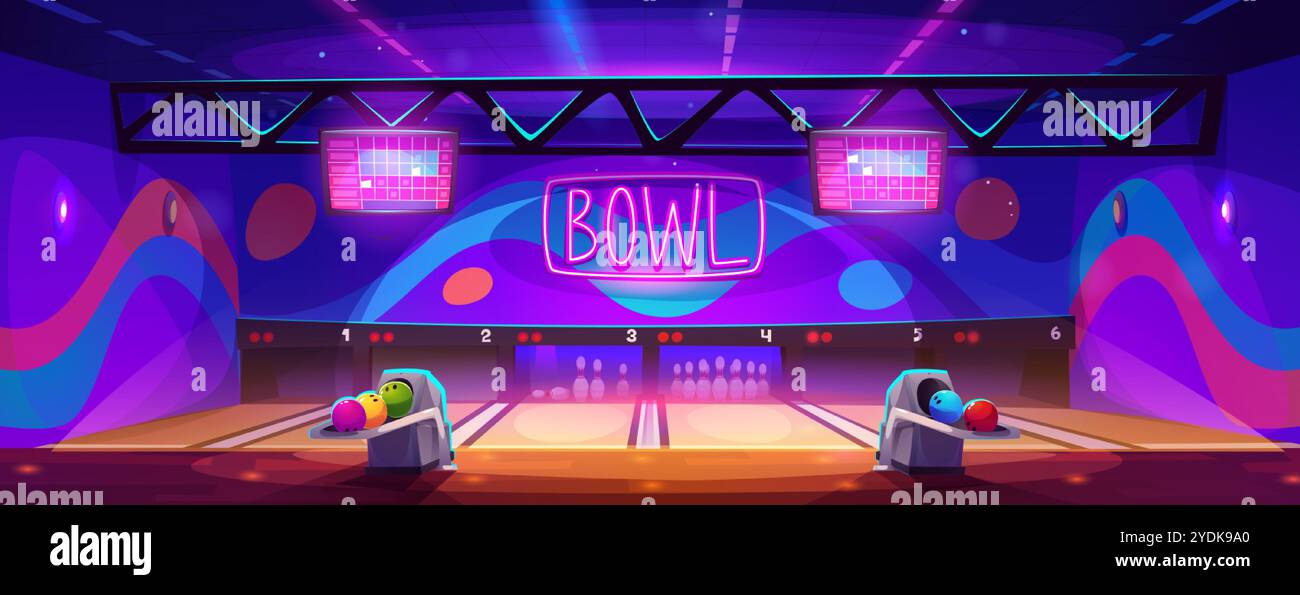 Empty bowling center interior with alley and pins, colorful bowl balls ...